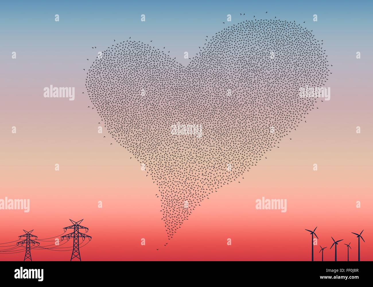 Love is in the air, flock of birds in heart shape in the sky, vector ...
