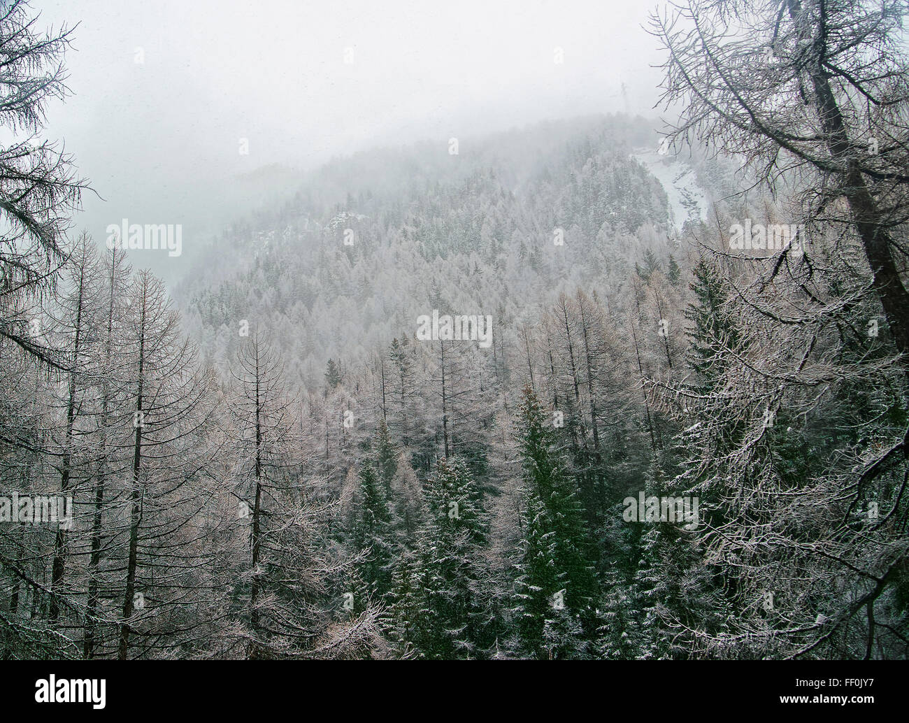 Snow covered Zermatt with fog in Switzerland in winter. Zermatt is a ...