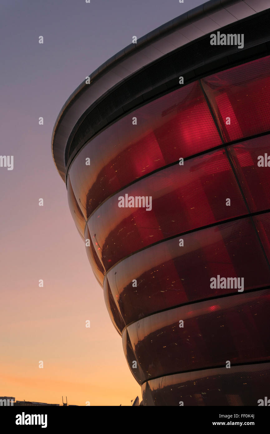 Detail of walls and roofline, SSE Hydro Concert Hall at dusk ...