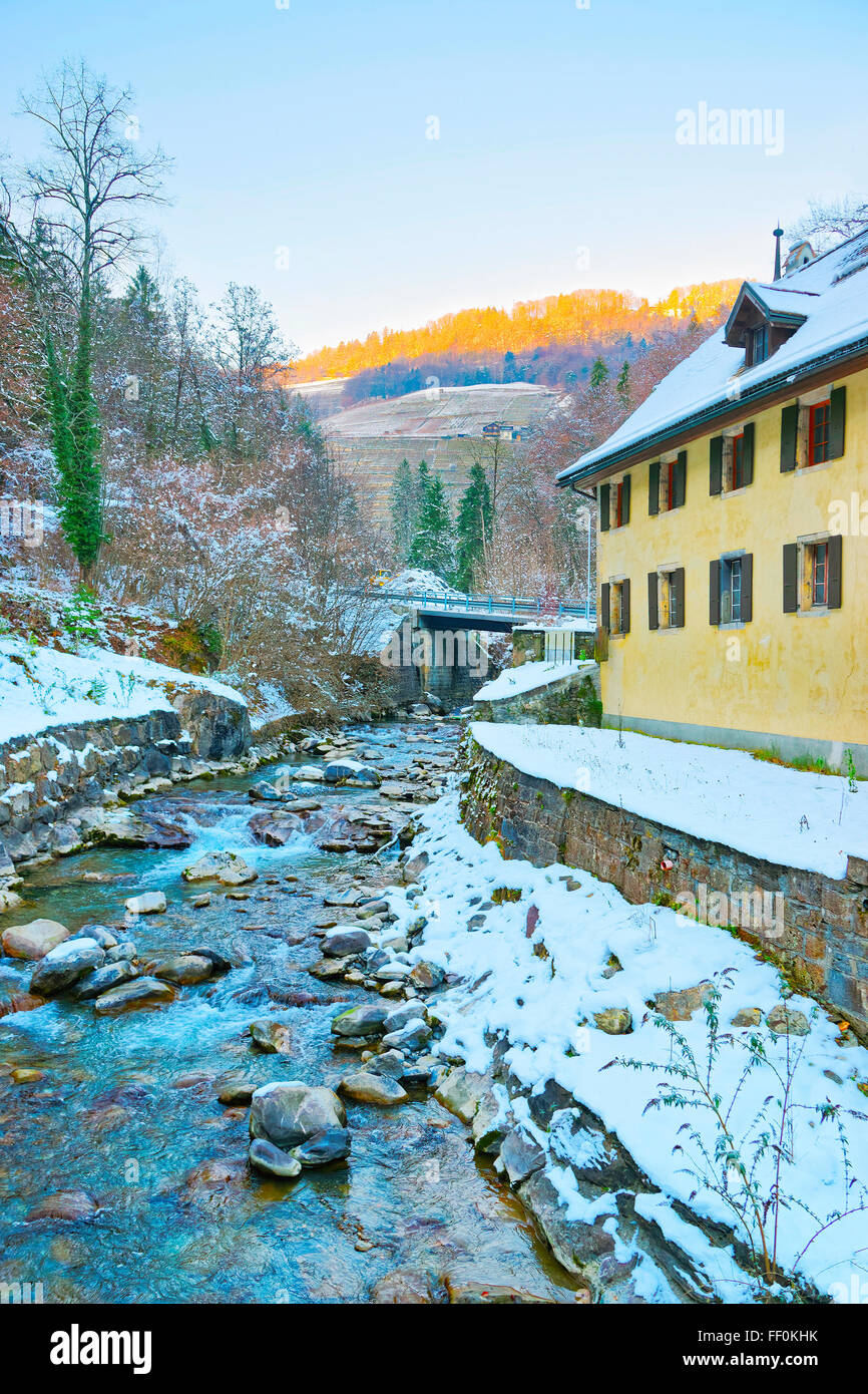 River near Saline de Bex in winter Switzerland. The Salt Mining Complex ...