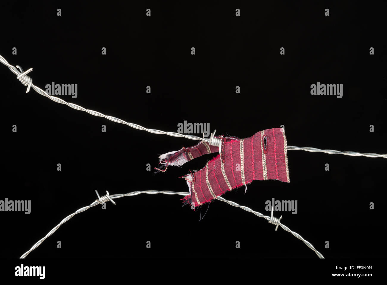 A piece of torn cloth hanging from barbed wire, a concept Stock Photo ...