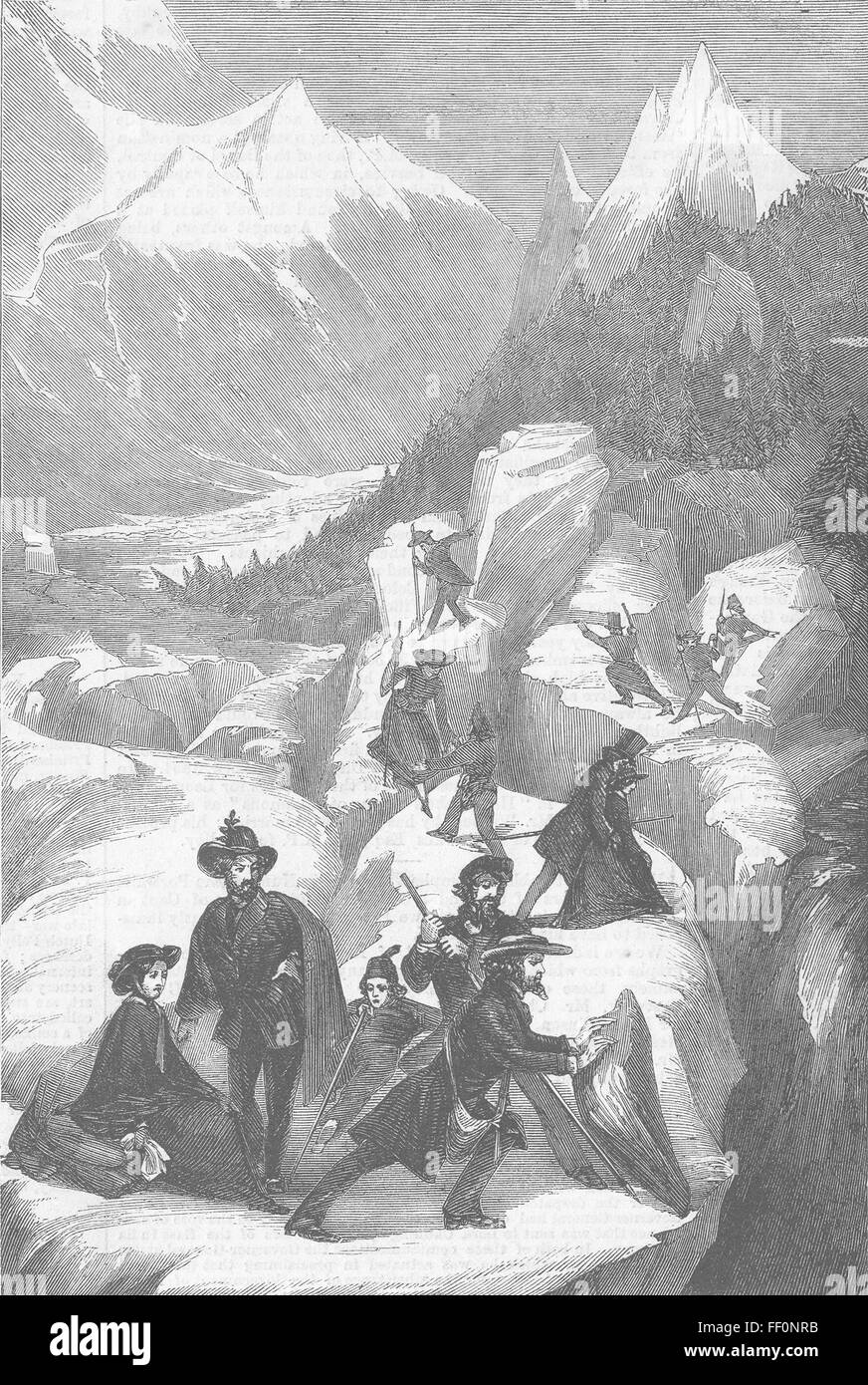 FRANCE Party of tourists crossing Mer de Glace 1858. Illustrated London ...