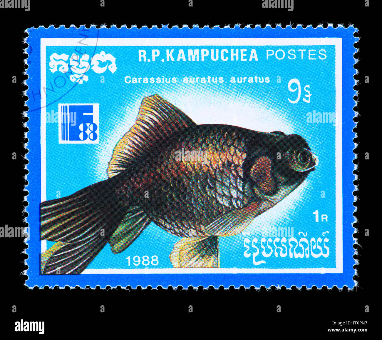 Postage stamp from Kampuchea (Cambodia) depicting a black goldfish ...