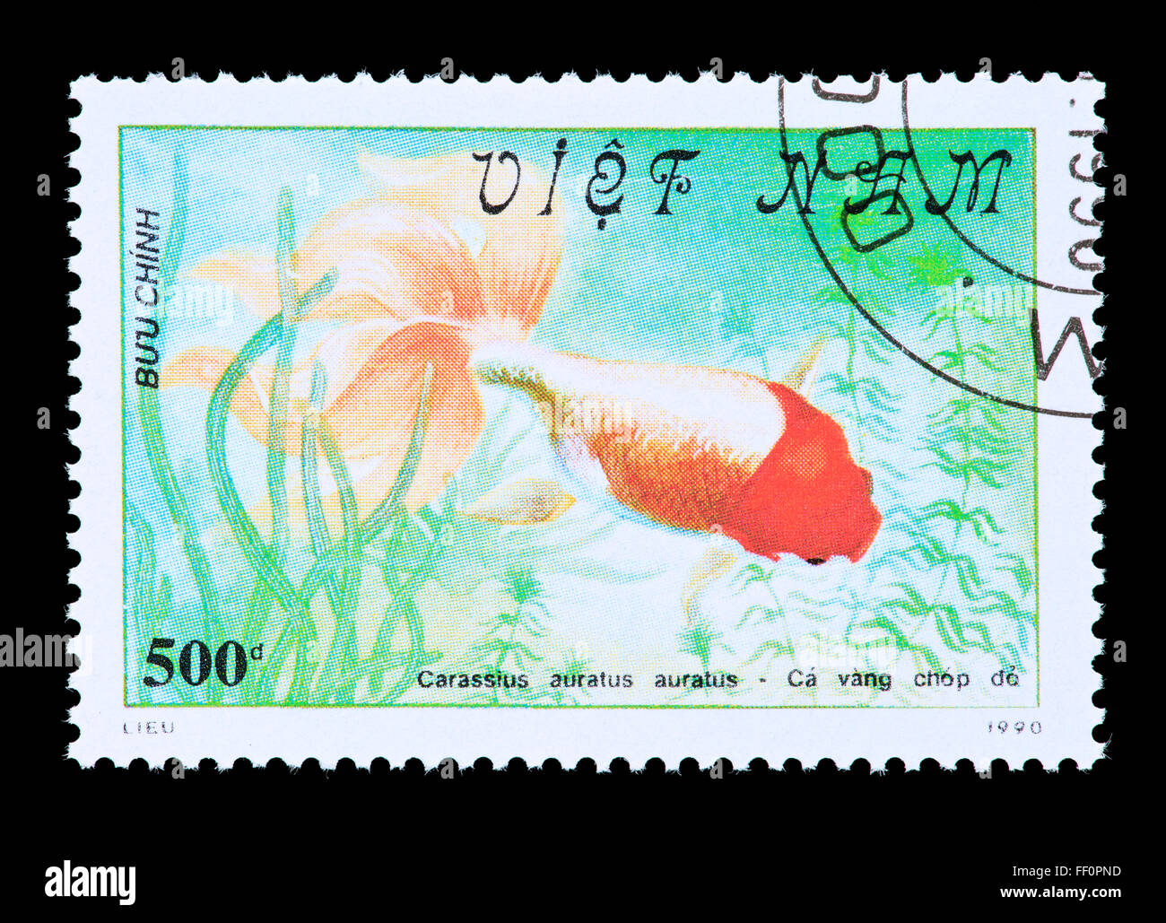 Postage stamp from Vietnam depicting a goldfish (Carassius auratus ...