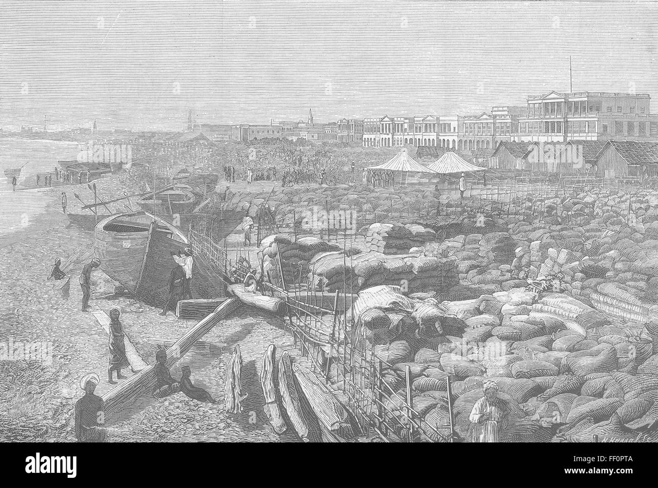 INDIA Gt Famine 1876-78 Rice bags, beach, Chennai 1877. Illustrated ...