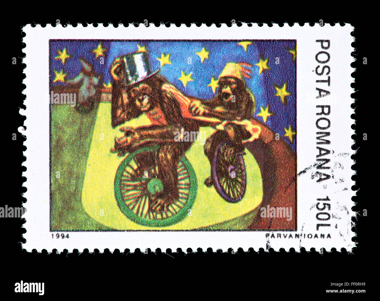 Postage stamp from Romania depicting monkeys riding unicycles, circus ...