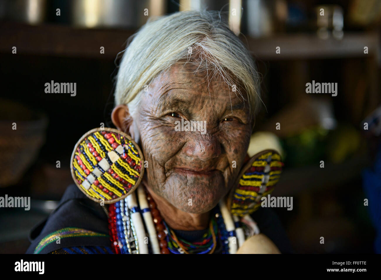 Yaw Shen, a Magan Chin woman with face tattoos in Mindat, Myanmar. The ...