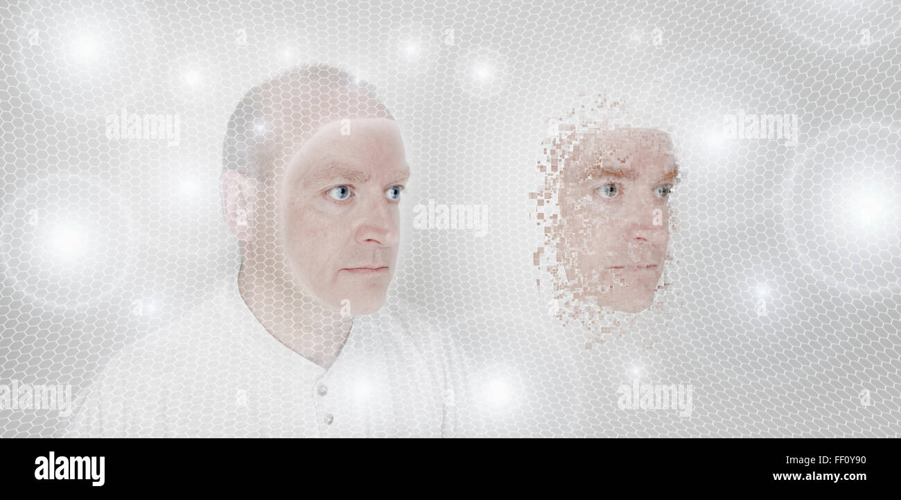 Pixelated Caucasian man in glowing orbs Stock Photo - Alamy