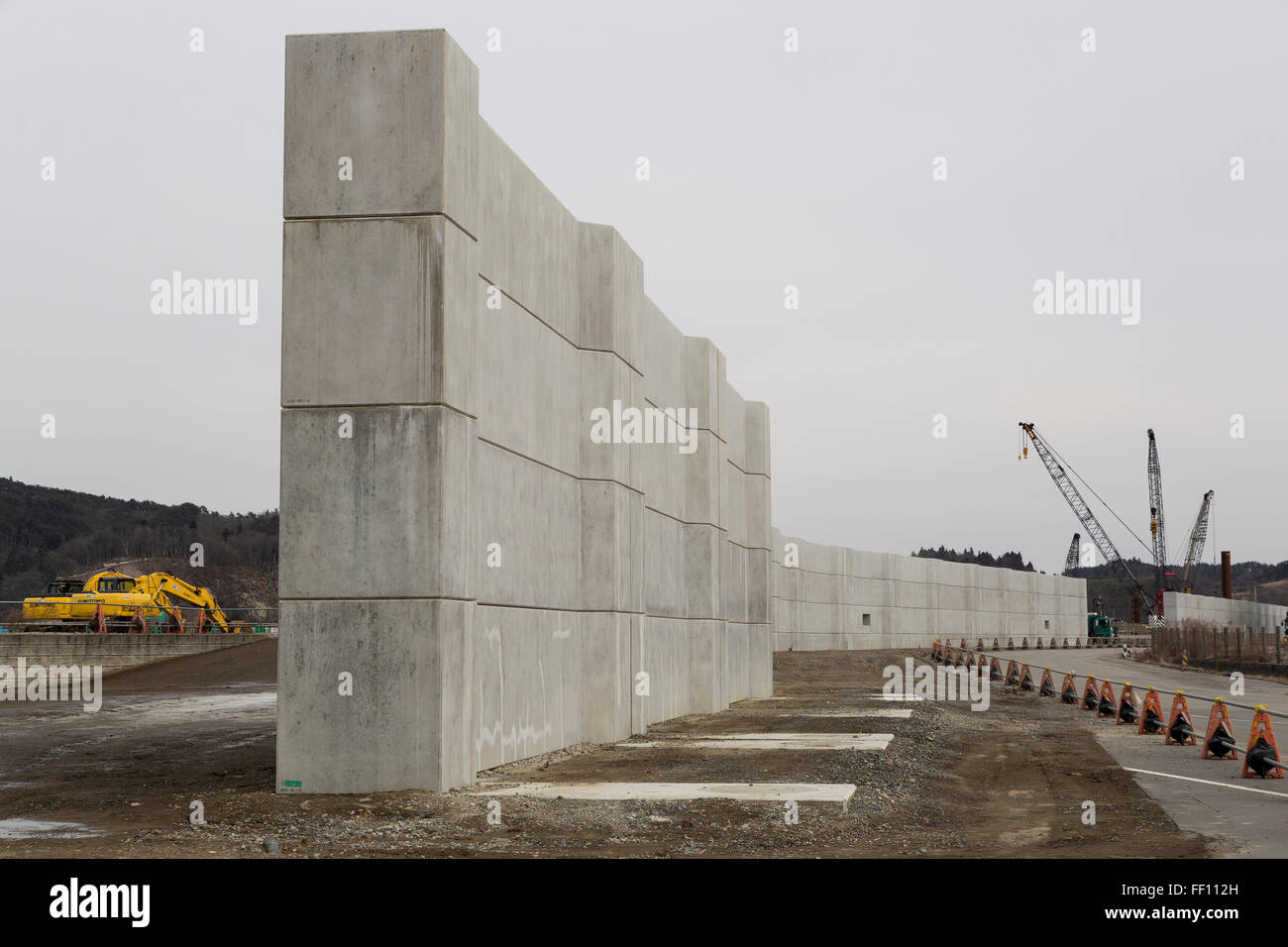 The 1.61 kilometers tsunami barrier in Kesennuma city on February 9 ...