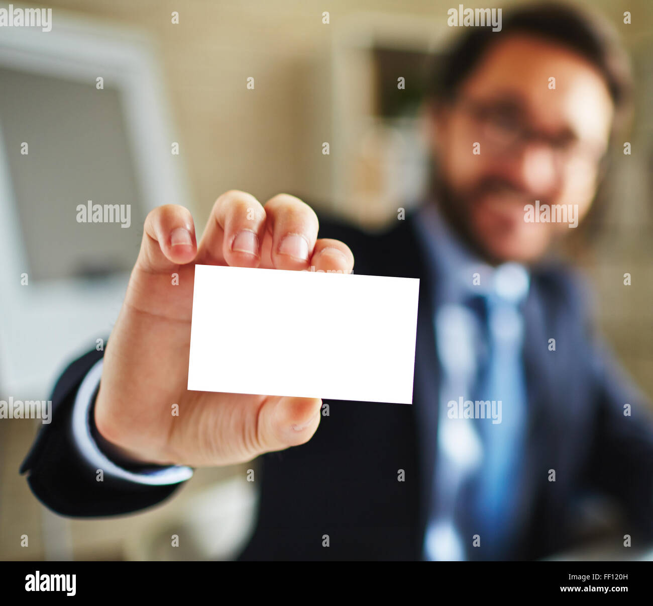 Businessman showing you his visiting card with information Stock Photo ...