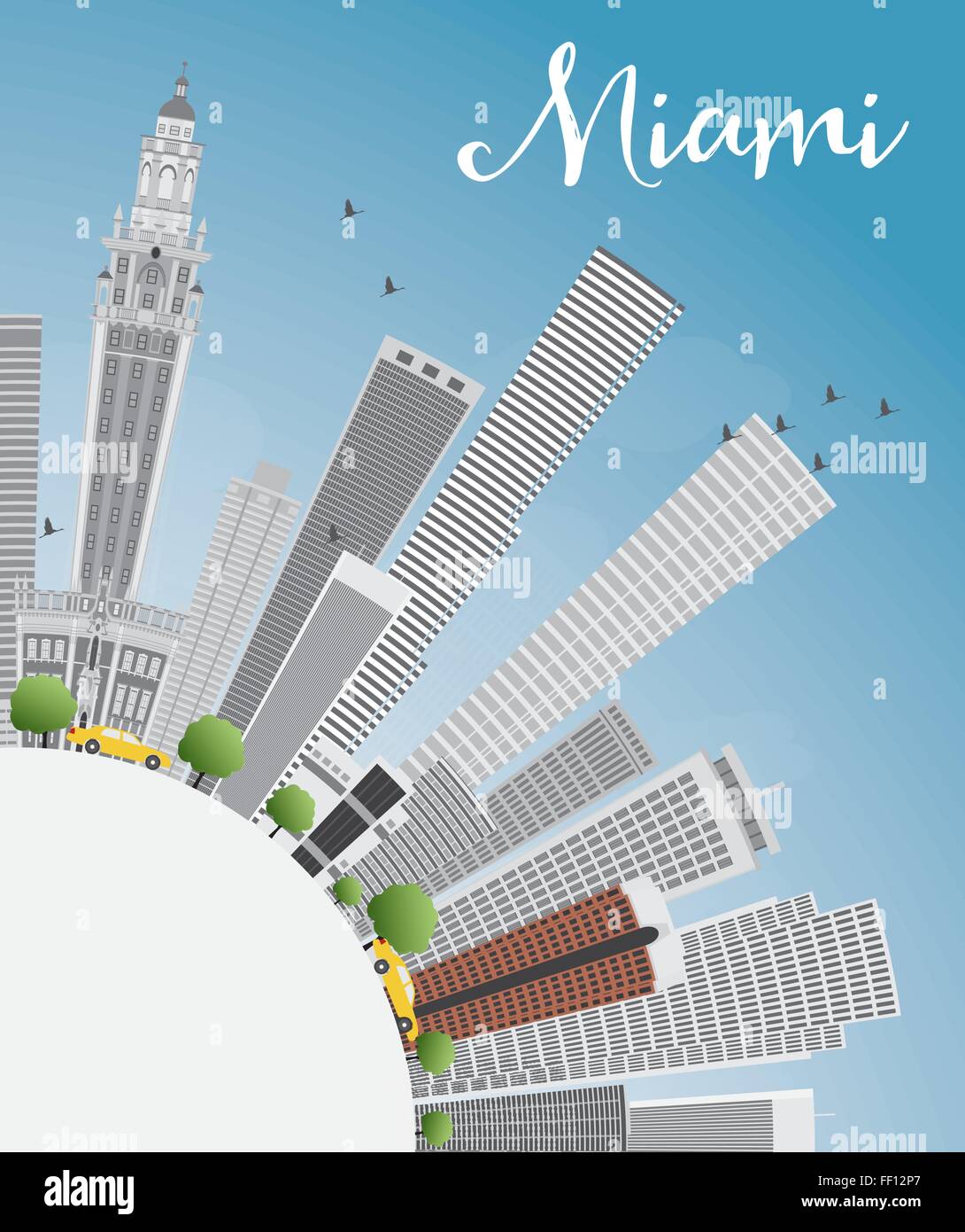 Miami Skyline with Gray Buildings, Blue Sky and Copy Space. Vector ...