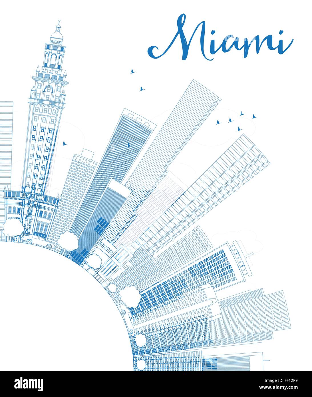 Outline Miami Skyline with Blue Buildings and Copy Space. Vector ...