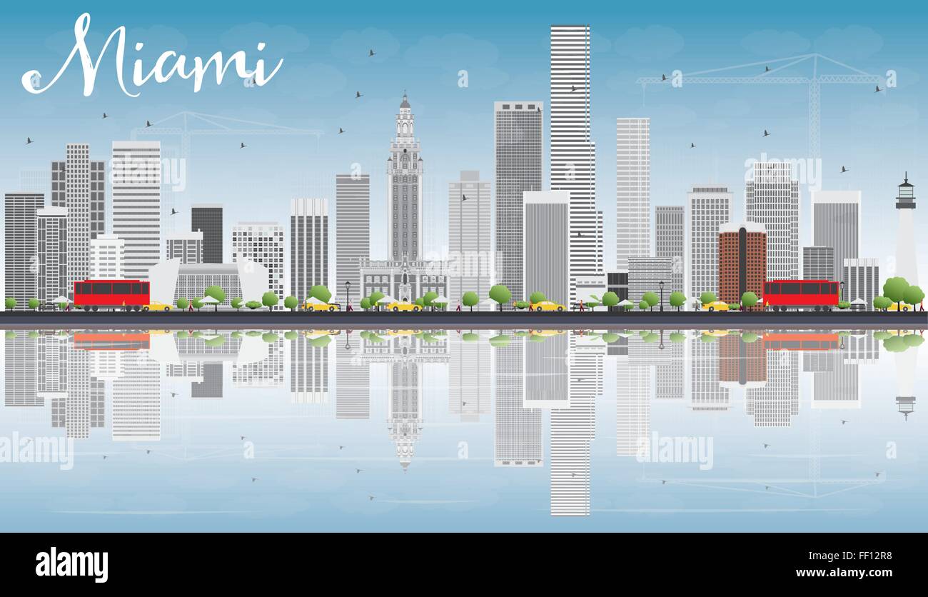 Miami Skyline with Gray Buildings, Blue Sky and Reflections. Vector ...