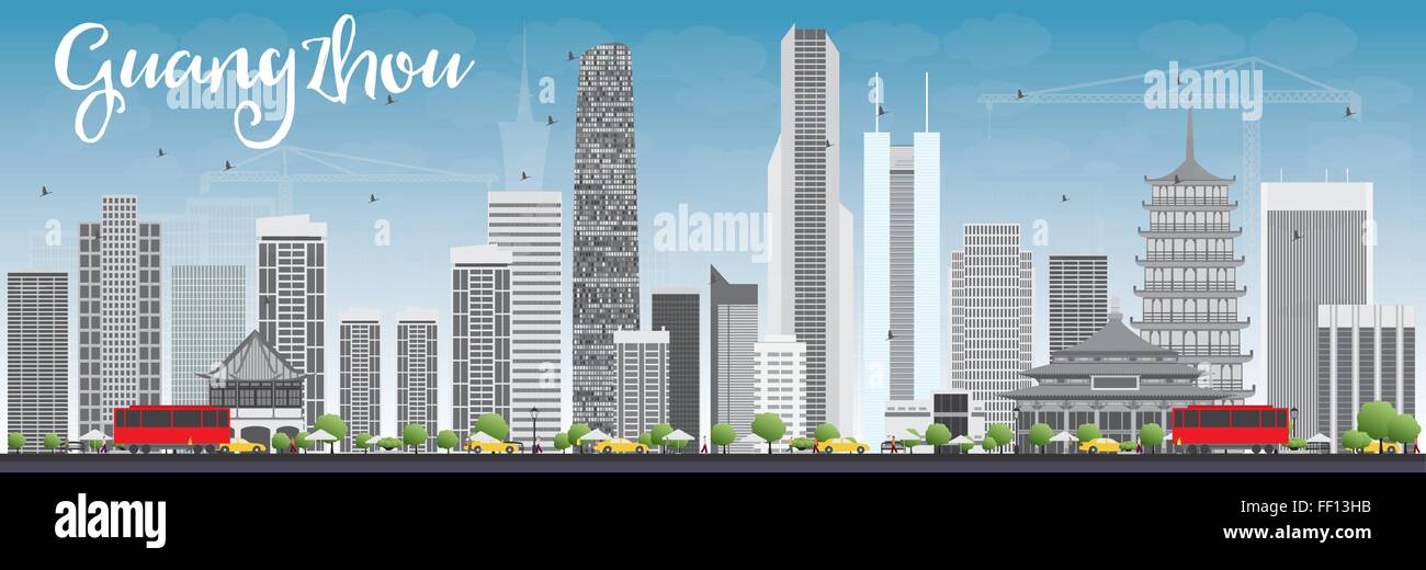 Guangzhou Skyline with Gray Buildings and Blue Sky. Vector Illustration ...