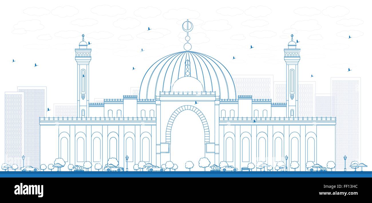 Outline Al Fateh Grand Mosque in Manama City. Bahrain. Vector ...