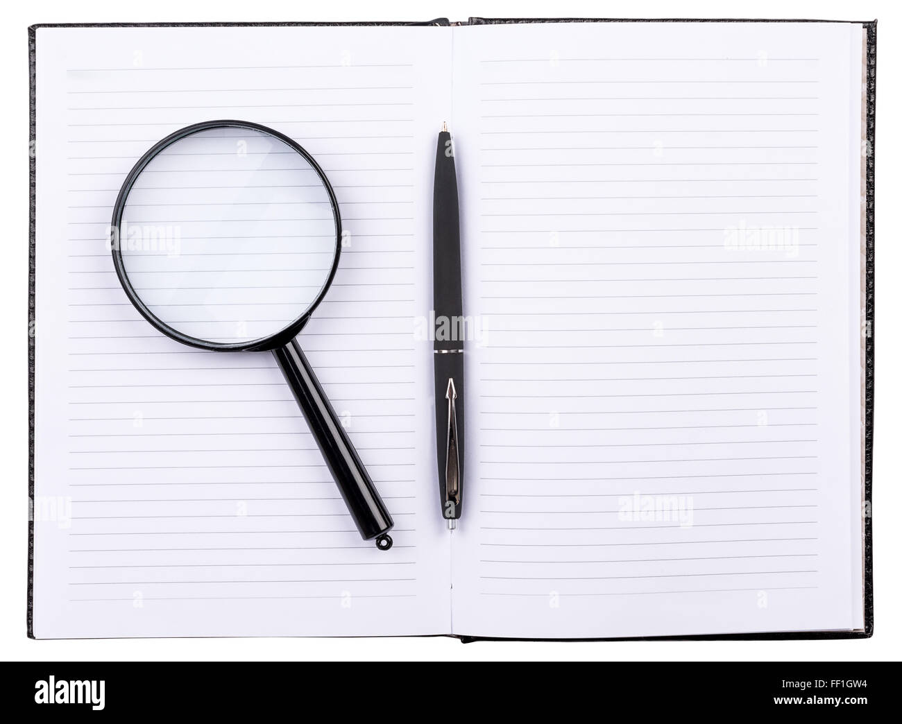 Open notebook with a pen and magnifying glass Stock Photo - Alamy