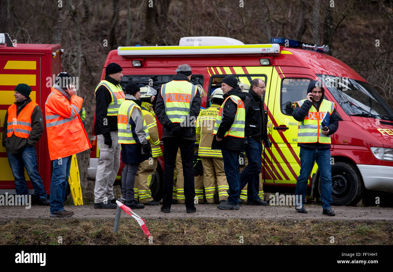 Bad Aibling, Germany. 10th Feb, 2016. Police officers and firefighters ...