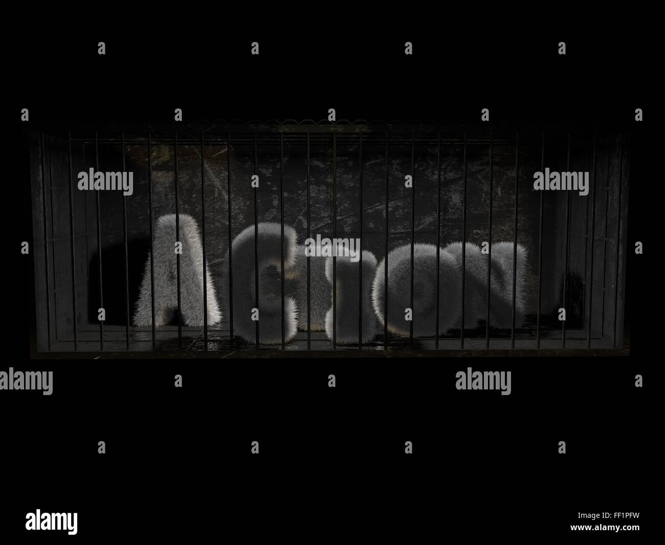 a fluffy word with white hair behind bars with black background Stock ...