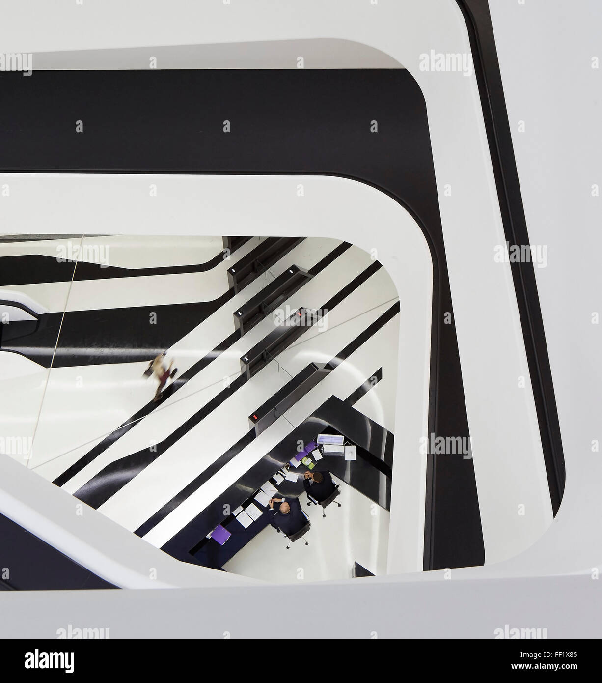 Atrium with projecting balconies viewed from above. Dominion Tower ...