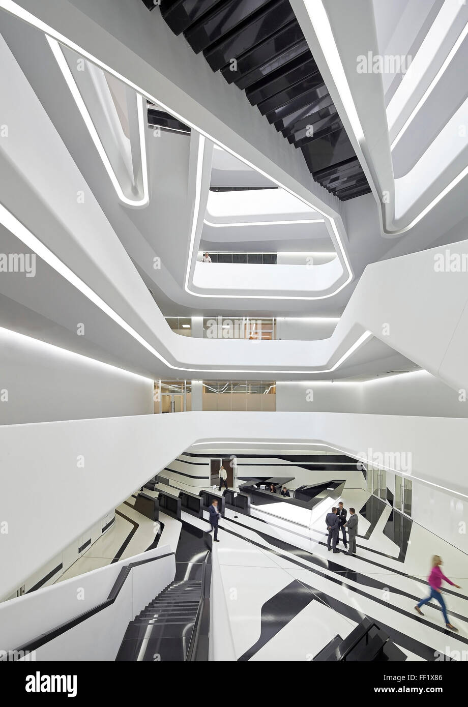 Atrium with projecting balconies viewed from above. Dominion Tower ...