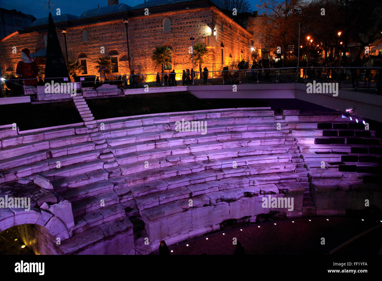 Roman stadium steps illuminated at night, city centre of Plovdiv ...