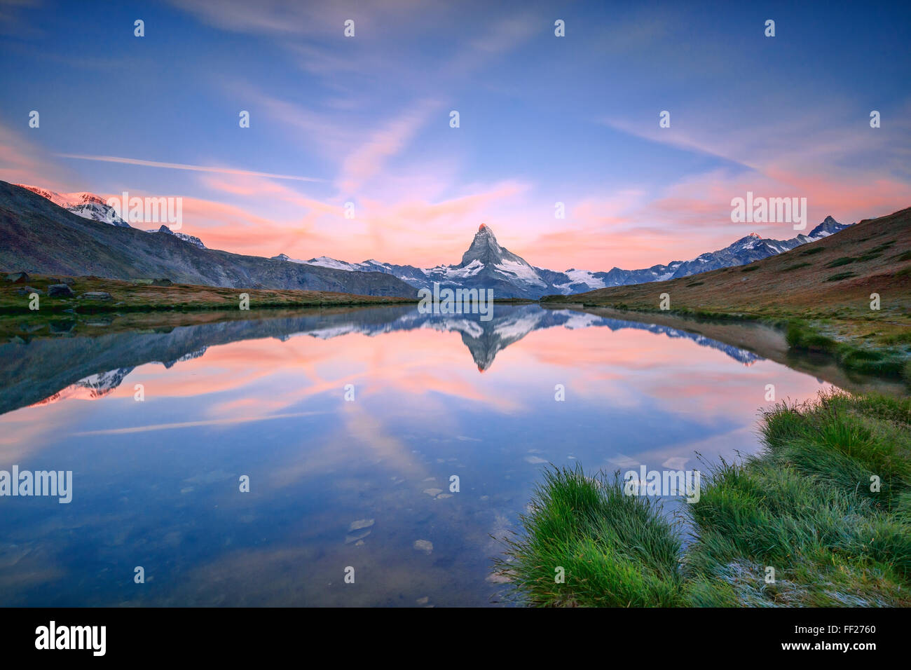 The Matterhorn reflected in Lake Stellisee at dawn, Zermatt, Canton of ...