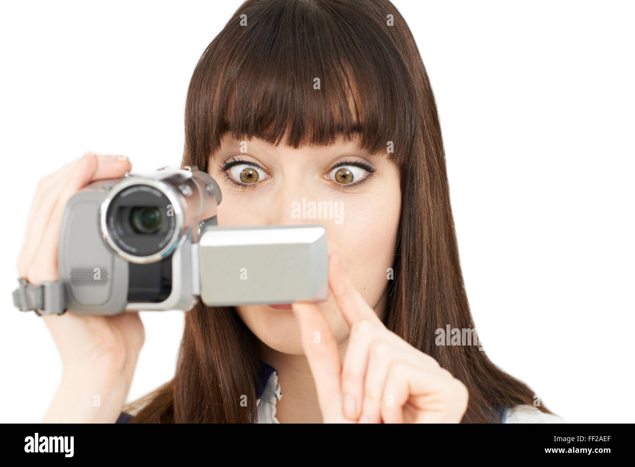 Woman Recording On Portable Video Camera Stock Photo - Alamy