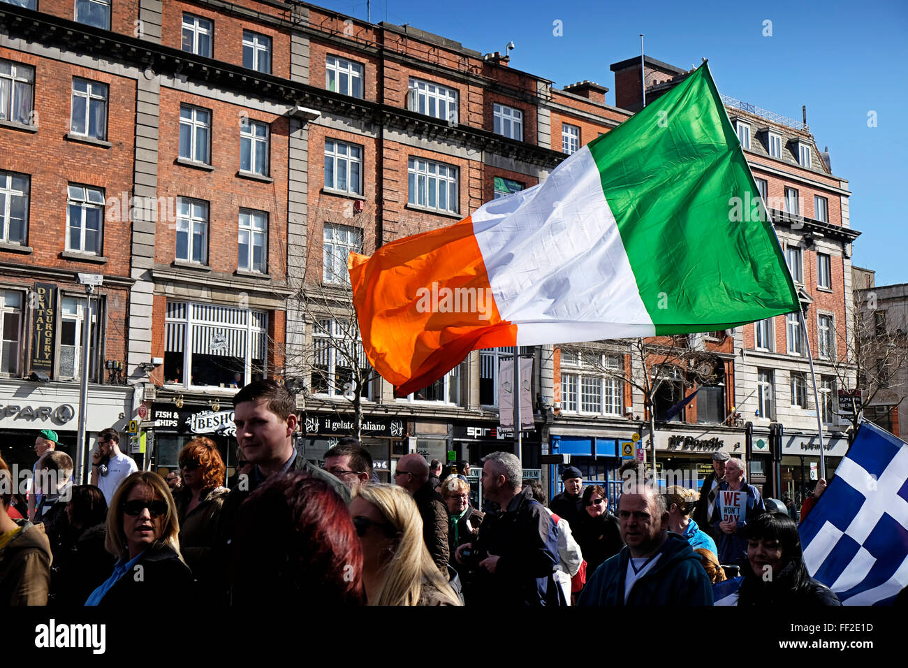 Irish and Greek Ireland flag at water tax protest parade O'Connell ...