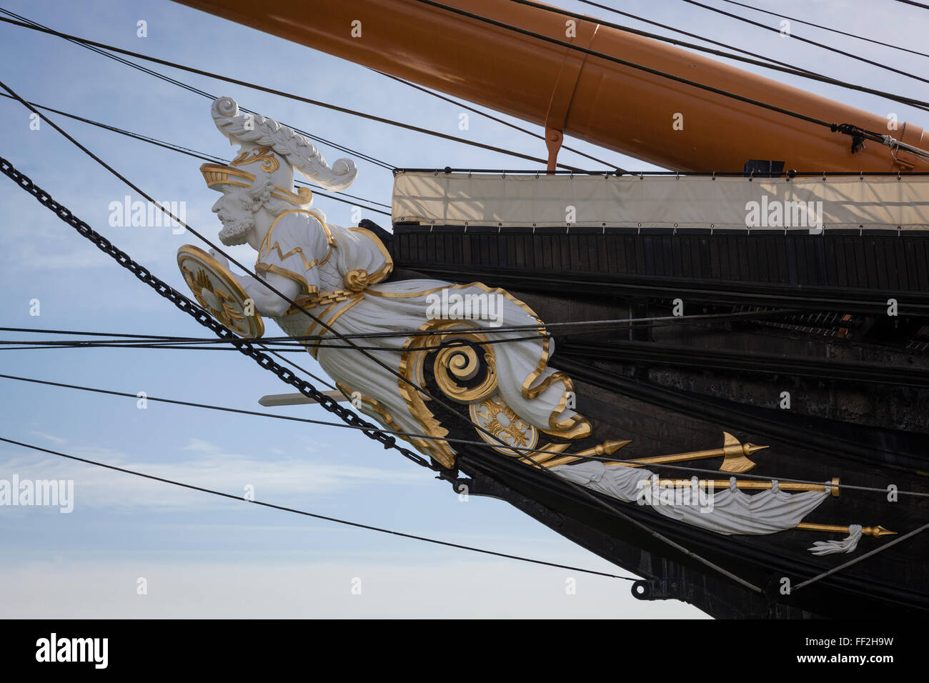 Close-up of the bow of HMS Warrior. The figurehead of a Greek warrior ...