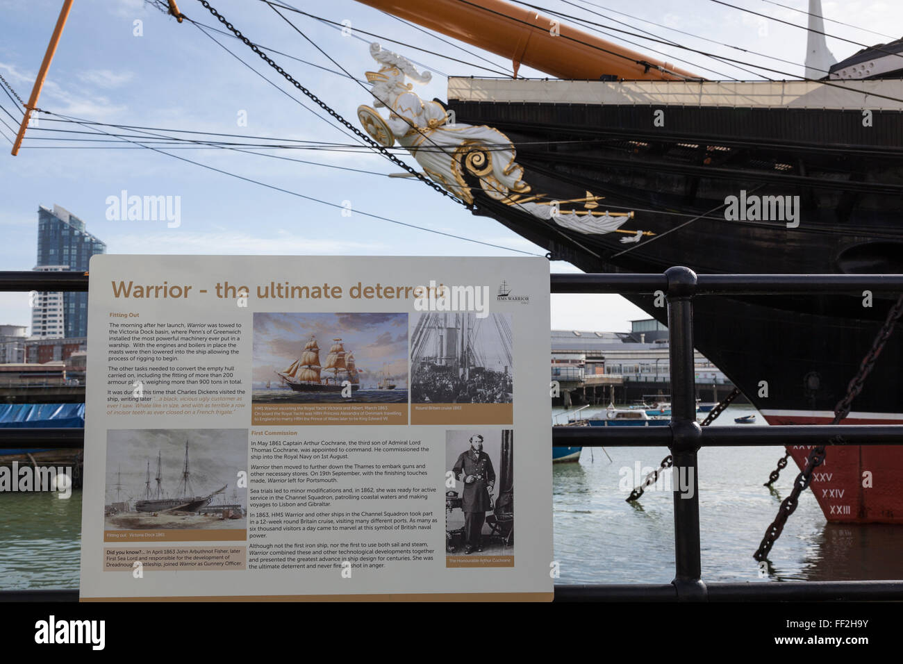 Close-up of the bow of HMS Warrior. The figurehead of a Greek warrior ...
