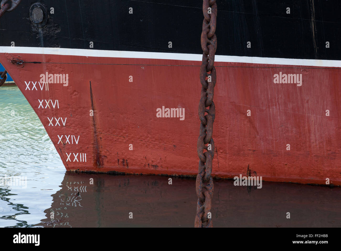 Close-up of the iron bow around the waterline of HMS Warrior. The ...