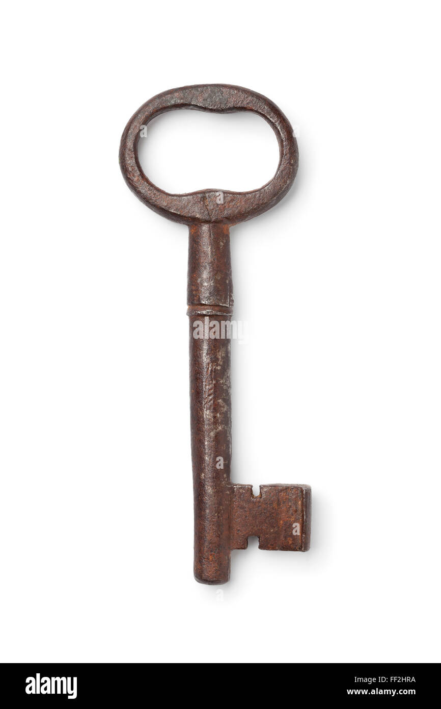 Old metal key on white background Stock Photo - Alamy