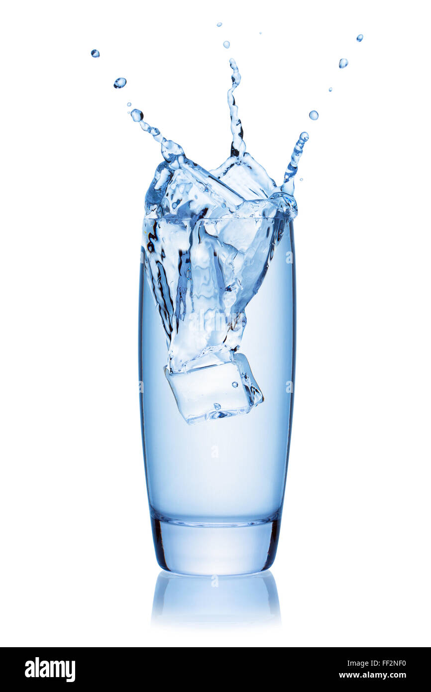 Ice cube splashing into a glass of water, isolated on the white background, clipping path ...