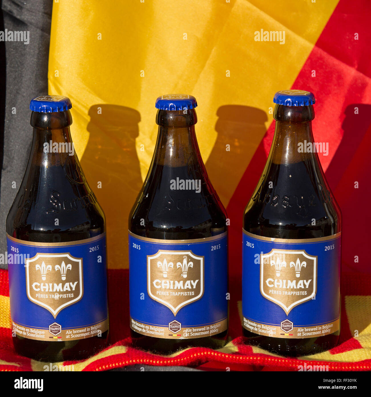 Bottles of Chimay Blue beer from Belgium. The Trappist ale is brewed at ...