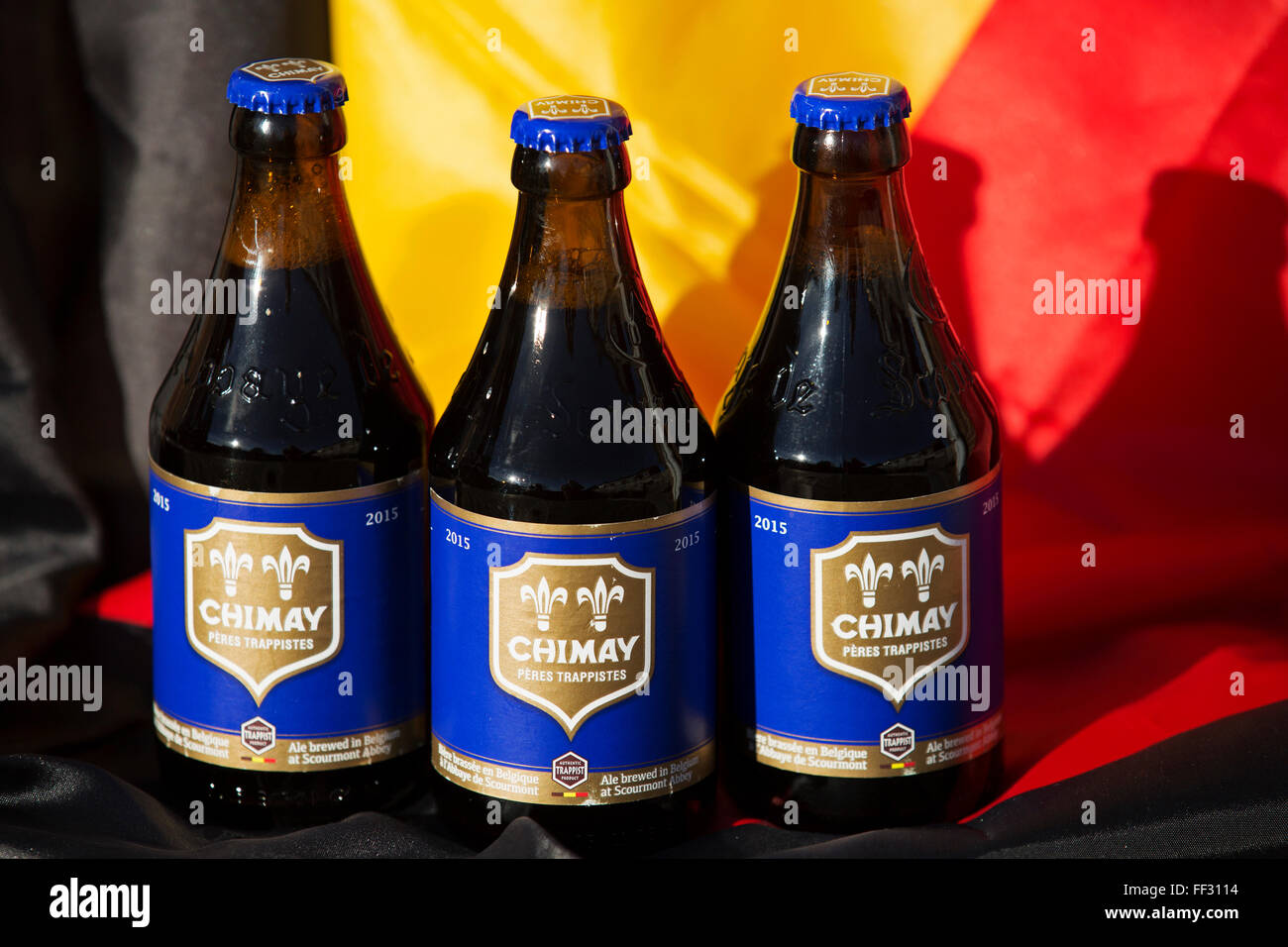 Bottles of Chimay Blue beer from Belgium. The Trappist ale is brewed at ...