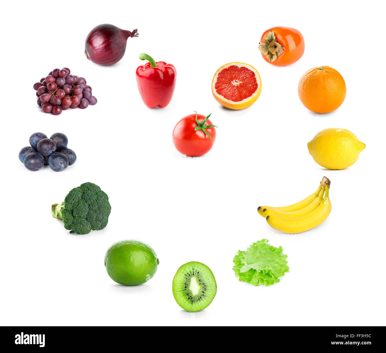 Color fruits and vegetables on white background. Food concept Stock ...