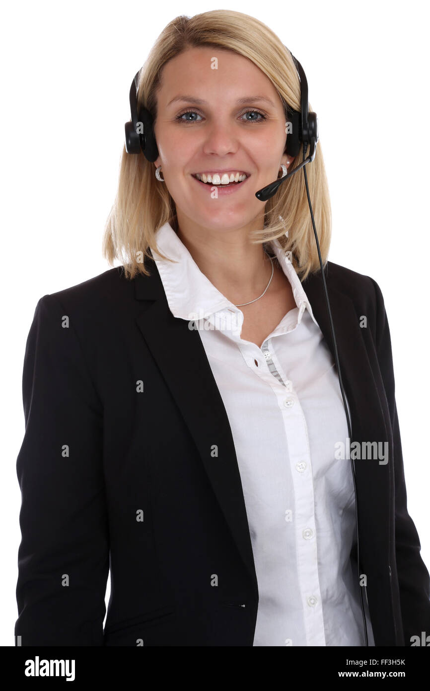 Smiling woman with headset telephone phone call center secretary ...
