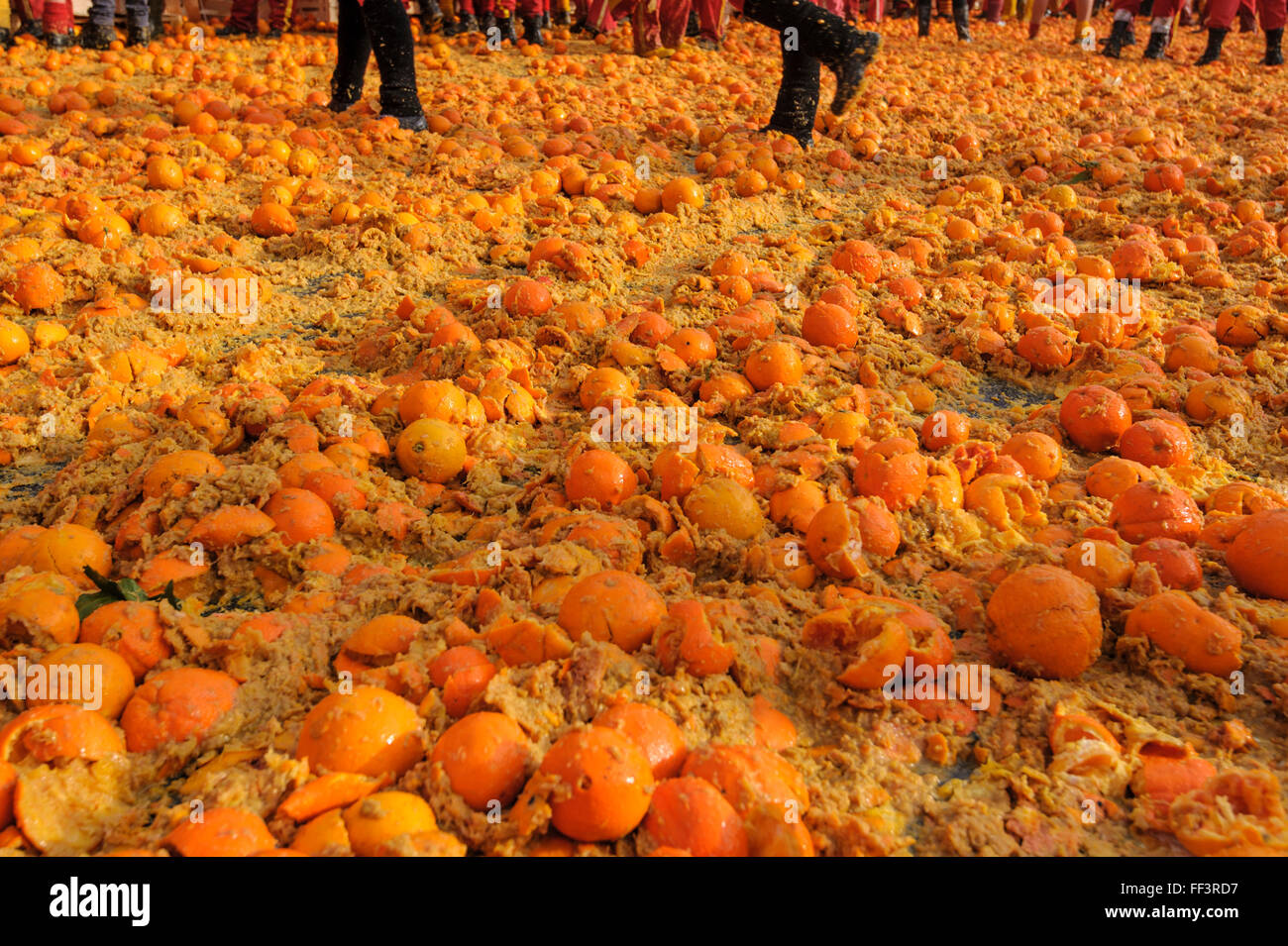 Ivrea, Italy. 08th Feb, 2016. Oranges on the ground during the Battle ...