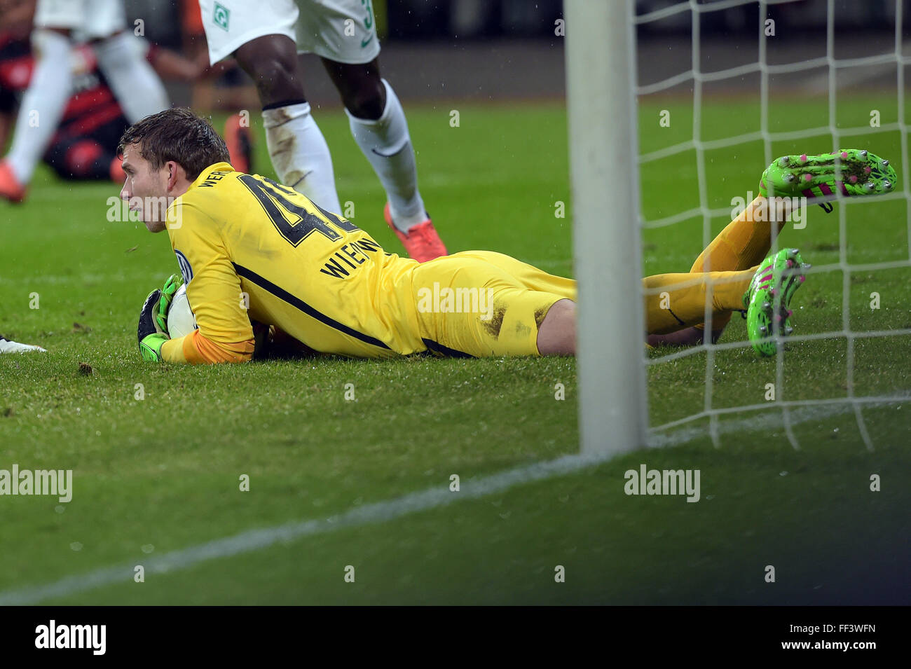 Leverkusen, Germany. 09th Feb, 2016. Bremen's goalkeeper Felix Wiedwald ...