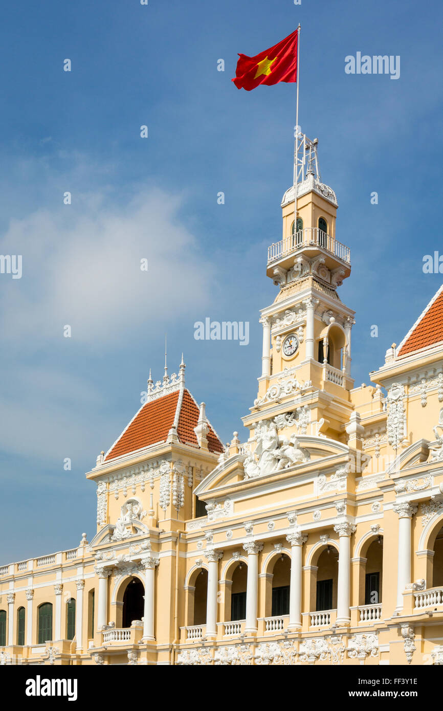 Tower of City Hall, Ho Chi Minh City, Vietnam with National flag Stock ...