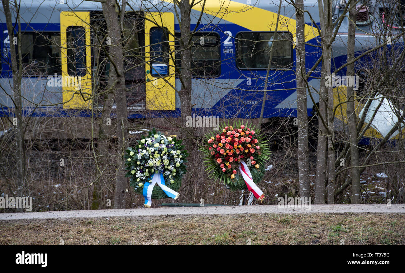 Bad Aibling, Germany. 10th Feb, 2016. Wreaths at the site of a train ...