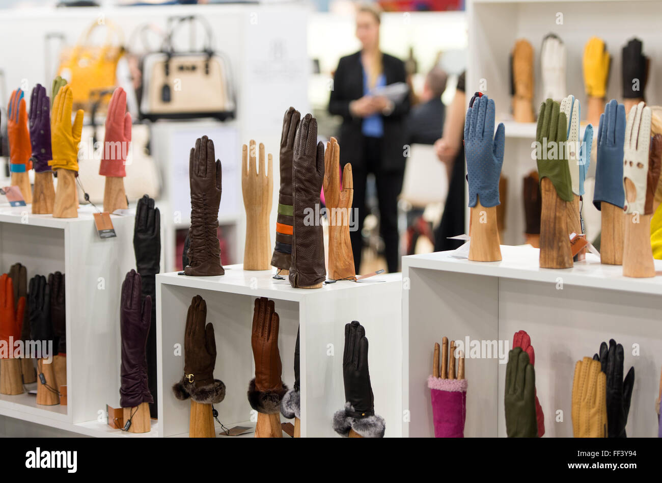 Duesseldorf, Germany. 10th Feb, 2016. Various glove models are on ...