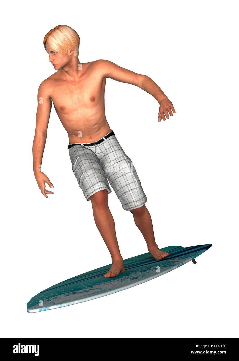 3D digital render of a male handsome surfer isolated on white ...