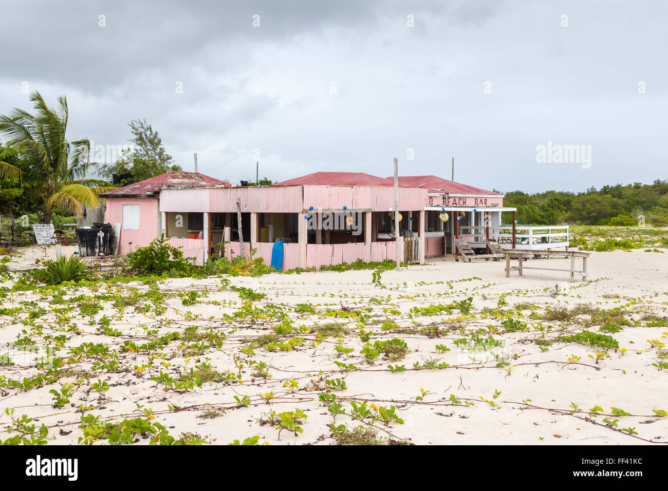 Deserted and overgrown Pink Sand Beach Bar on the coast in the south of ...