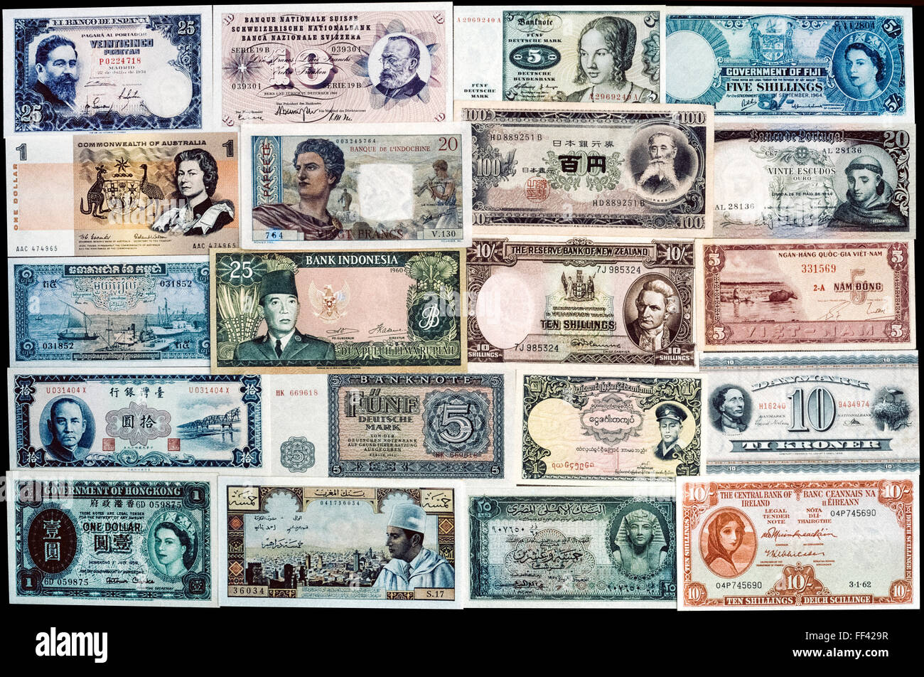 A collection of brand-new banknotes from 20 countries that were in ...