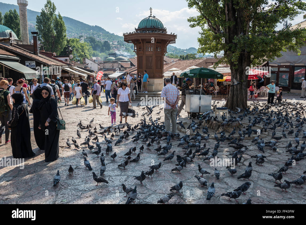 Wooden Sebilj fountain on main square of Bascarsija historical district ...