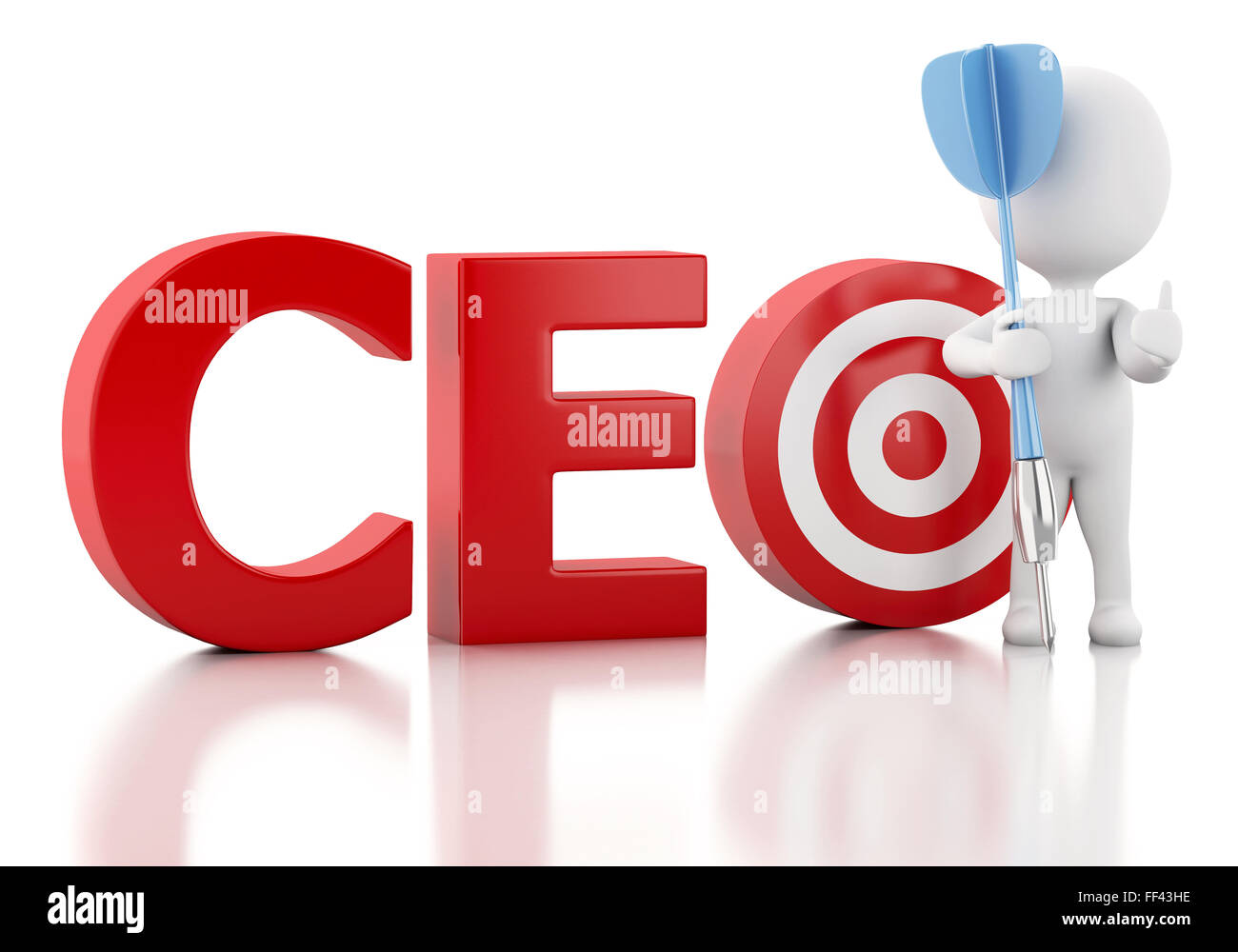 3d renderer image. White people with CEO word and red target. Business ...