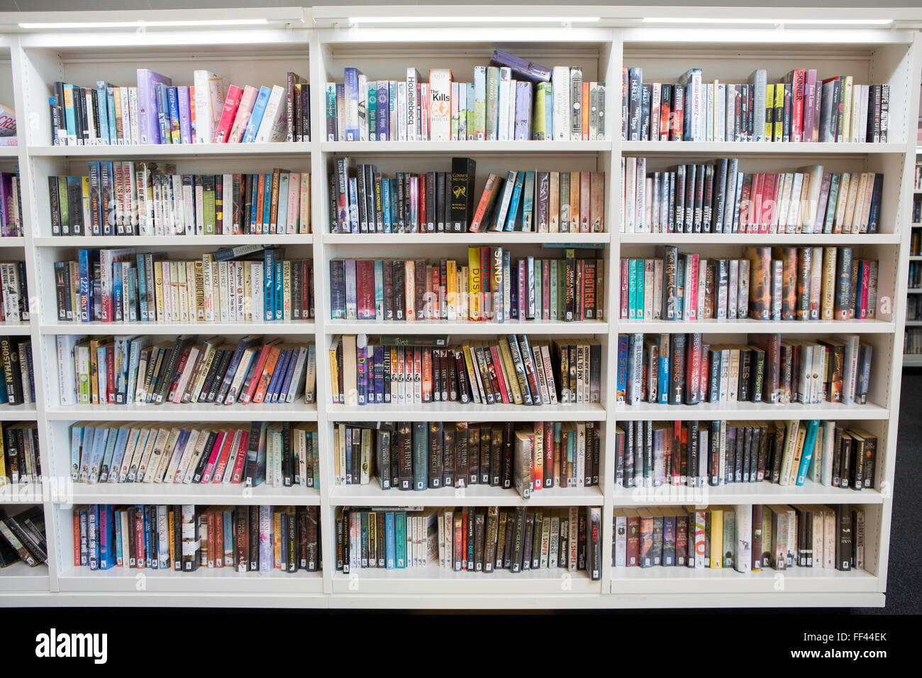 Book shelves with integrated lighting inside the library of the Hive in ...