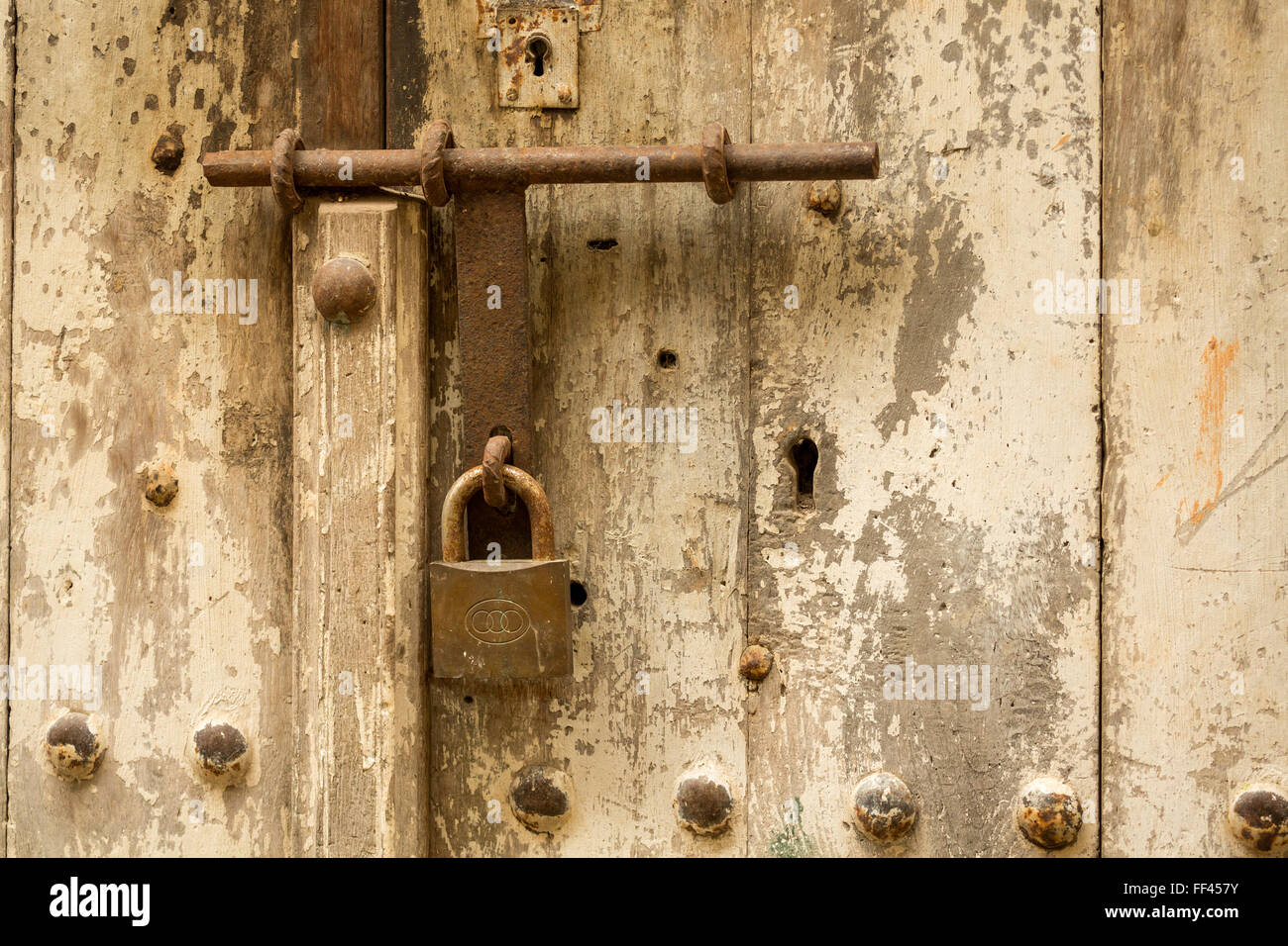 Old Metal Lock and Padlock on Painted Wooden Door Stock Photo - Alamy