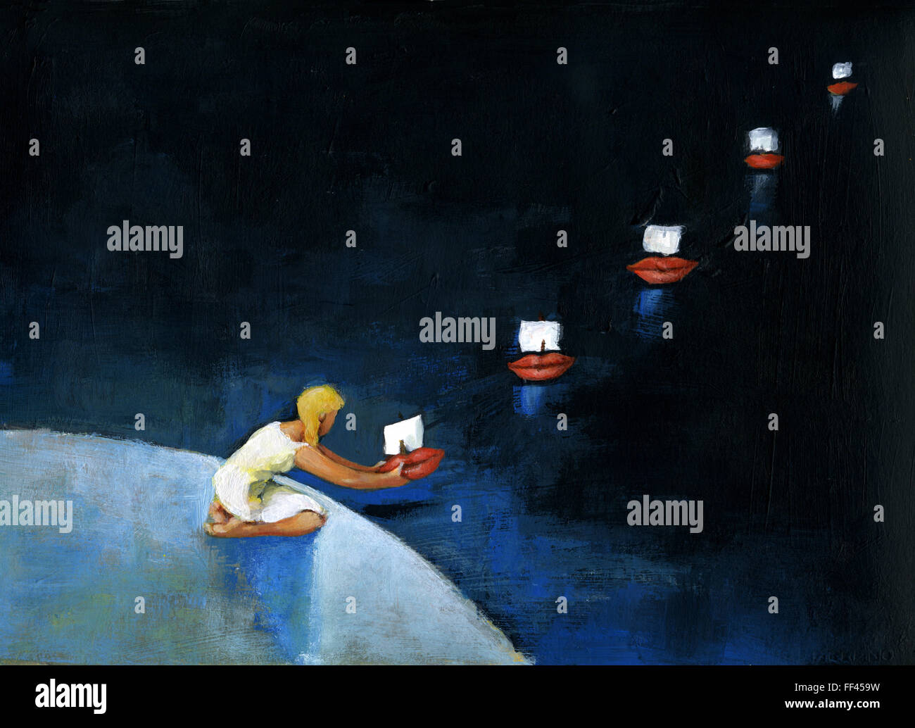 girl floating boat-shaped mouth to send away your kisses Stock Photo ...